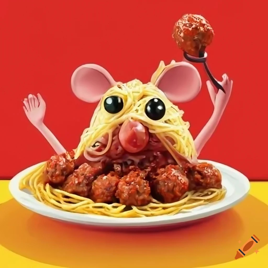 Spaghetti and meatball mouse character in oil painting style on Craiyon
