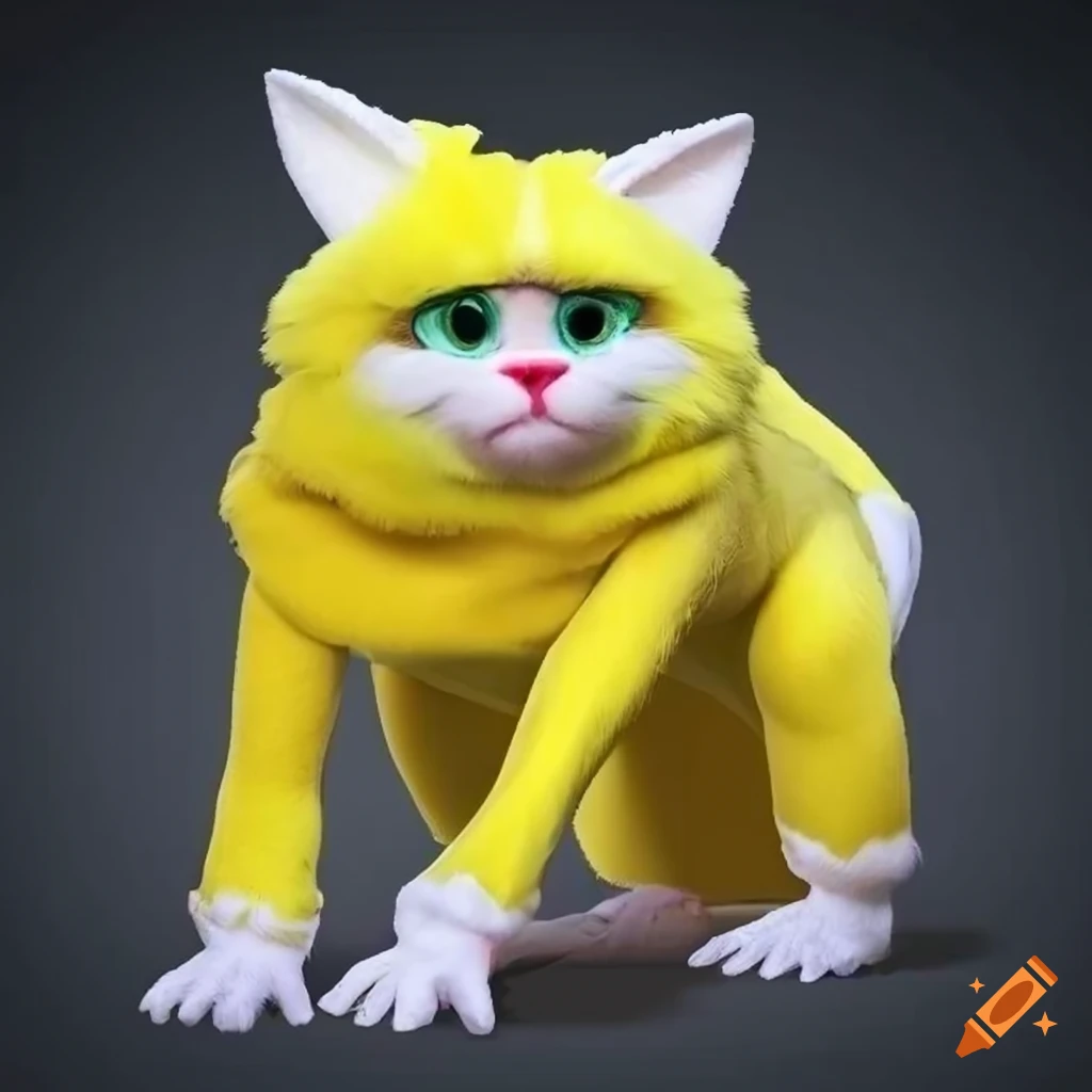 Yellow and white cat full body costume with pointy ears and stubby ...
