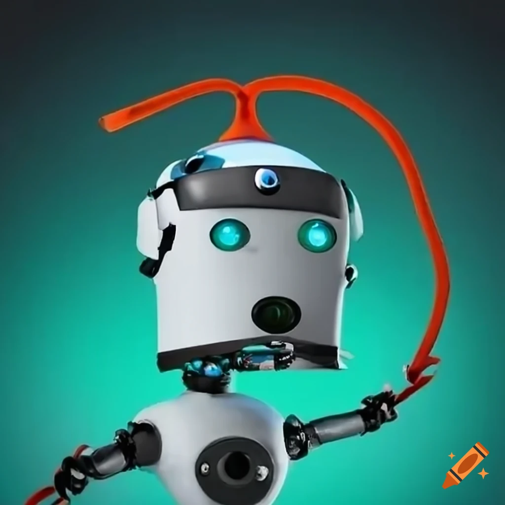 Friendly robot face with wind turbine and cables in hands on Craiyon