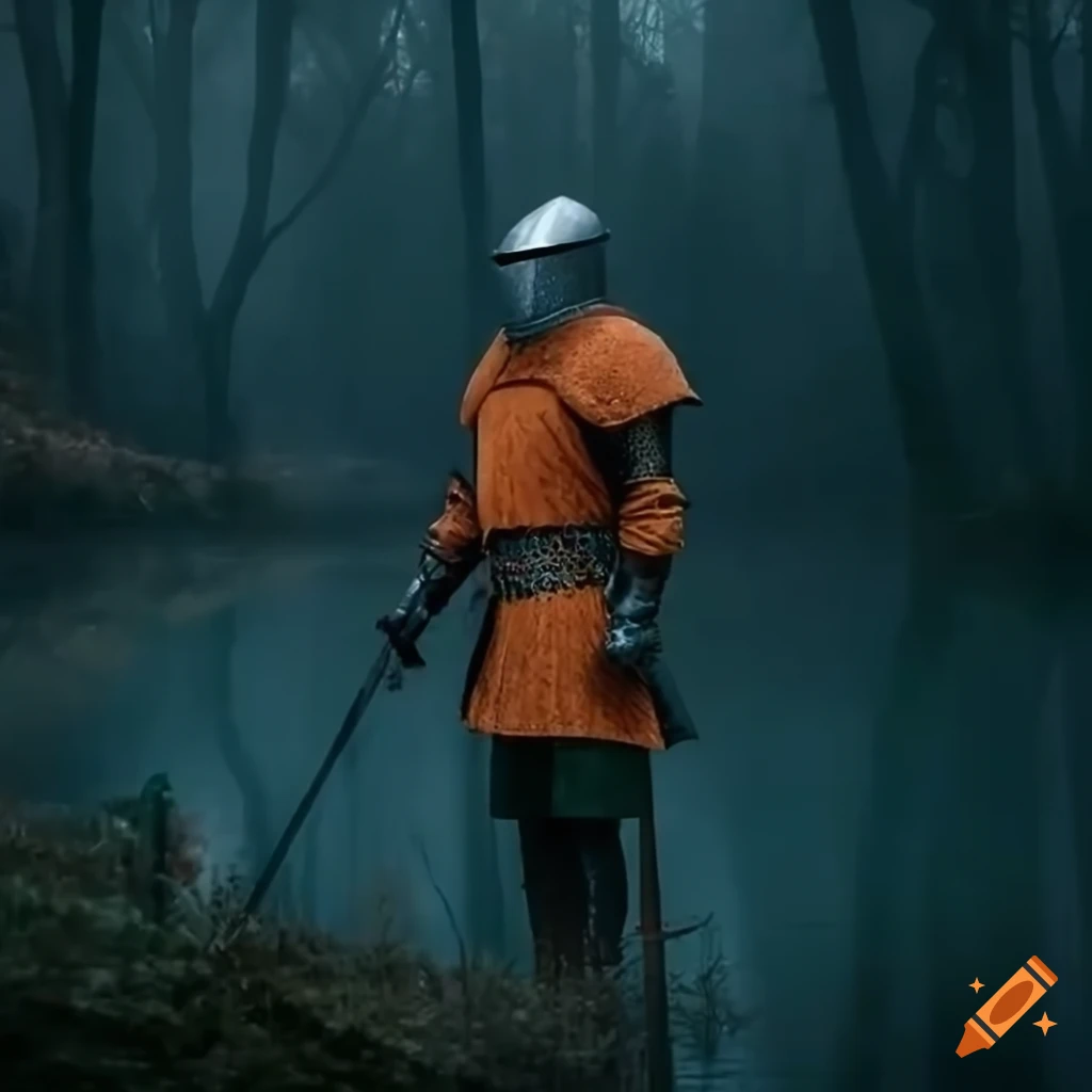 Medieval knight in orange armor standing among trees during foggy ...