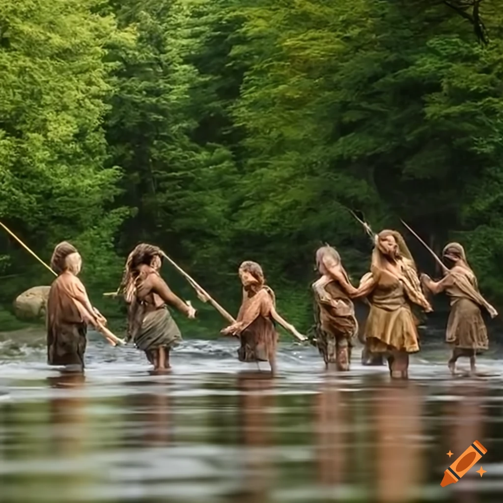 Mesolithic hunters and gatherers crossing a river with bows and spears ...