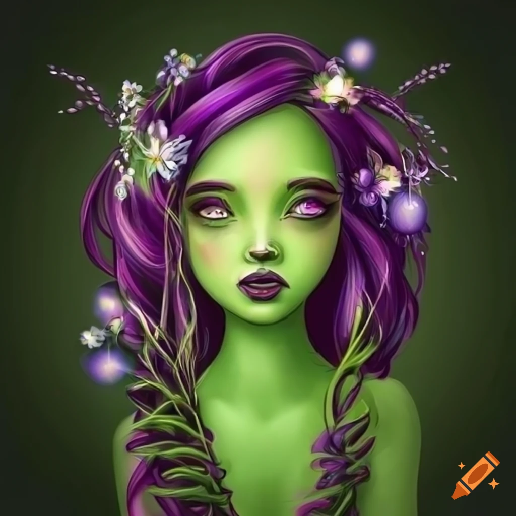 Whimsical voluptuous green cartoon girl with glowing gemstone and ...