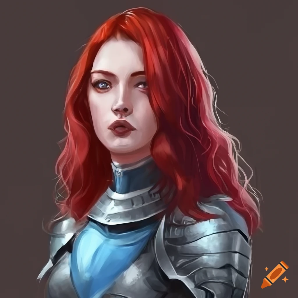 Portrait of a woman with dark red hair in light blue knight armor on ...