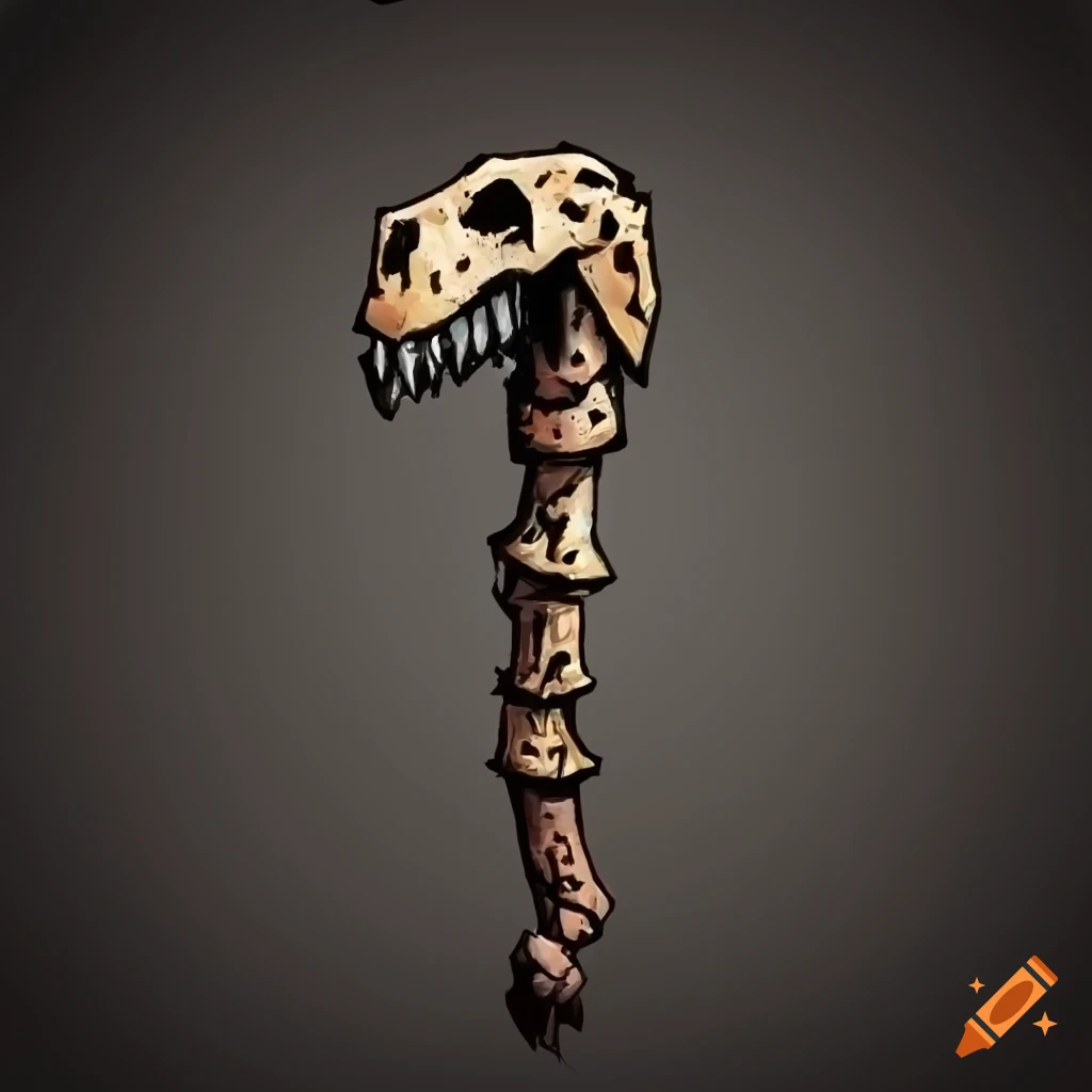 Darkest Dungeon-style magic staff made of bone with dinosaur skull on ...