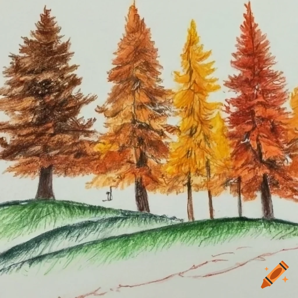 Autumn pine trees on a hill drawn in colored pencil on Craiyon