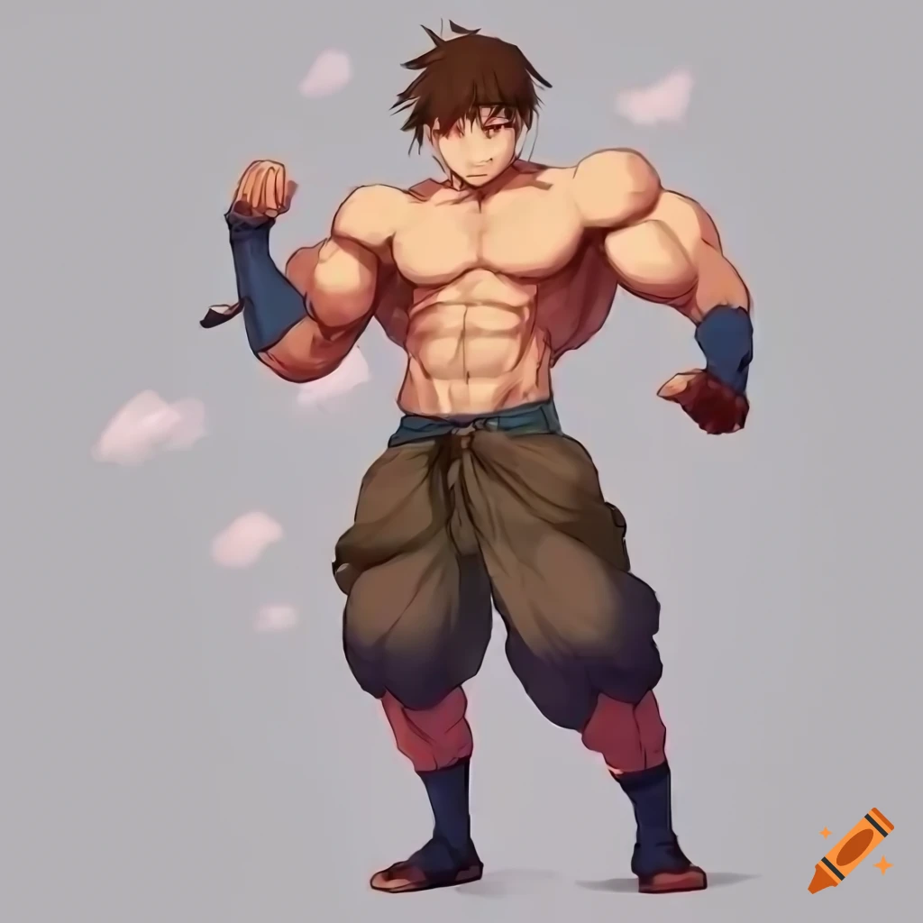 Muscular kid flexing in anime style artwork on Craiyon
