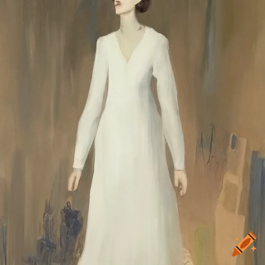 White Egyptian woven fabric Prada dress painting by Hugo Simberg on Craiyon