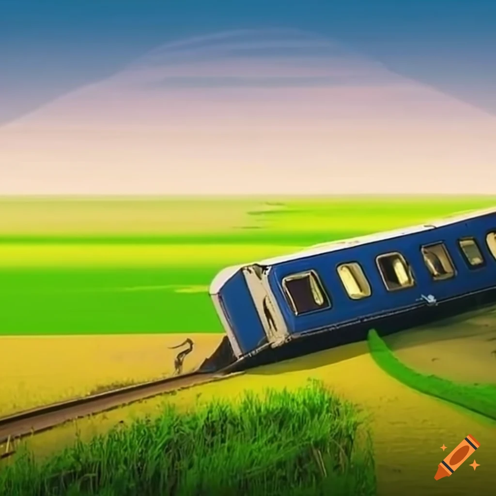 Train derailment on a sunny day in a grassy field on Craiyon