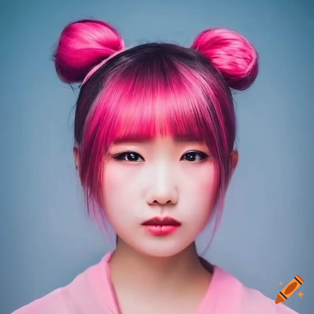 Japanese girl with pink double bun hair and pink eyes on Craiyon