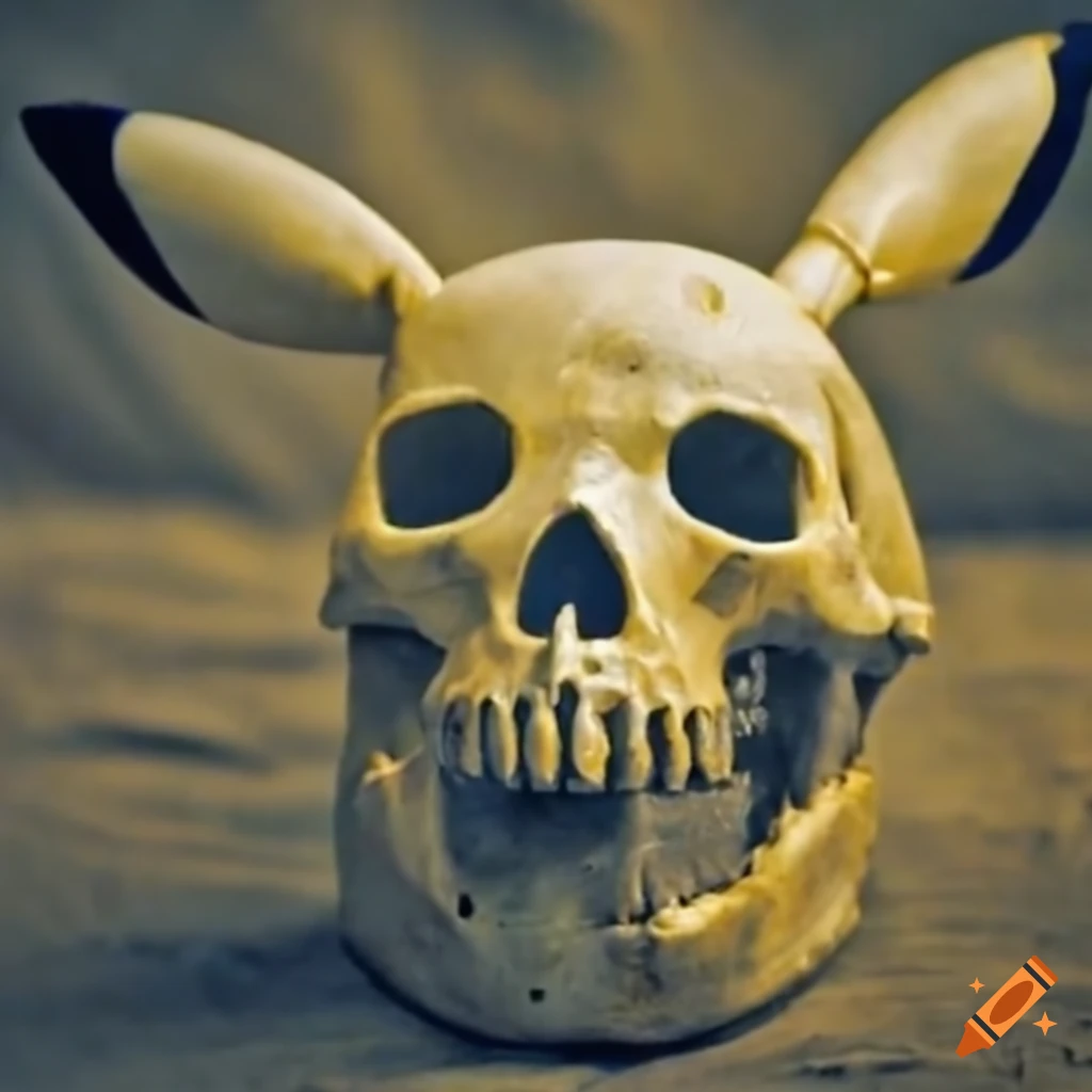 Pikachu fossil and skull buried in a mountain with VHS aesthetic on Craiyon