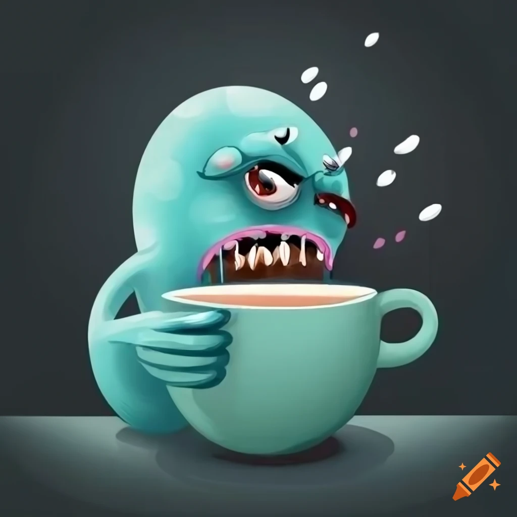 Tired cartoon monster drinking coffee on Craiyon
