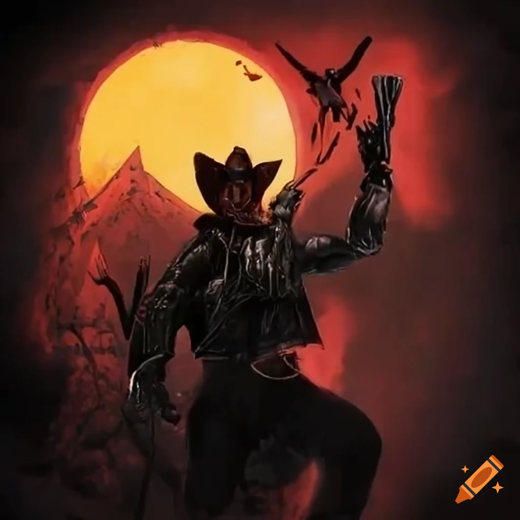 Heavy metal cowboy in a dynamic pose on Craiyon