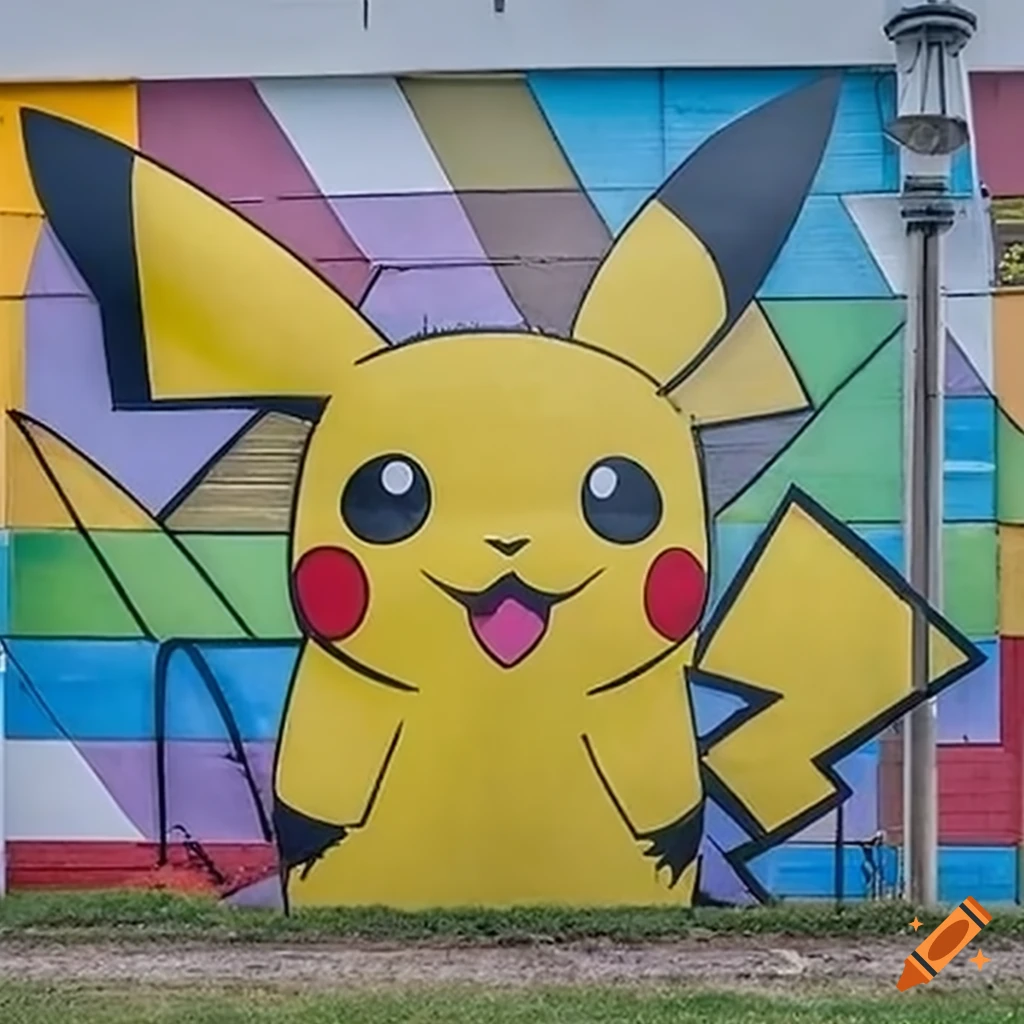Charming Pikachu mural on a colorful modern building on Craiyon