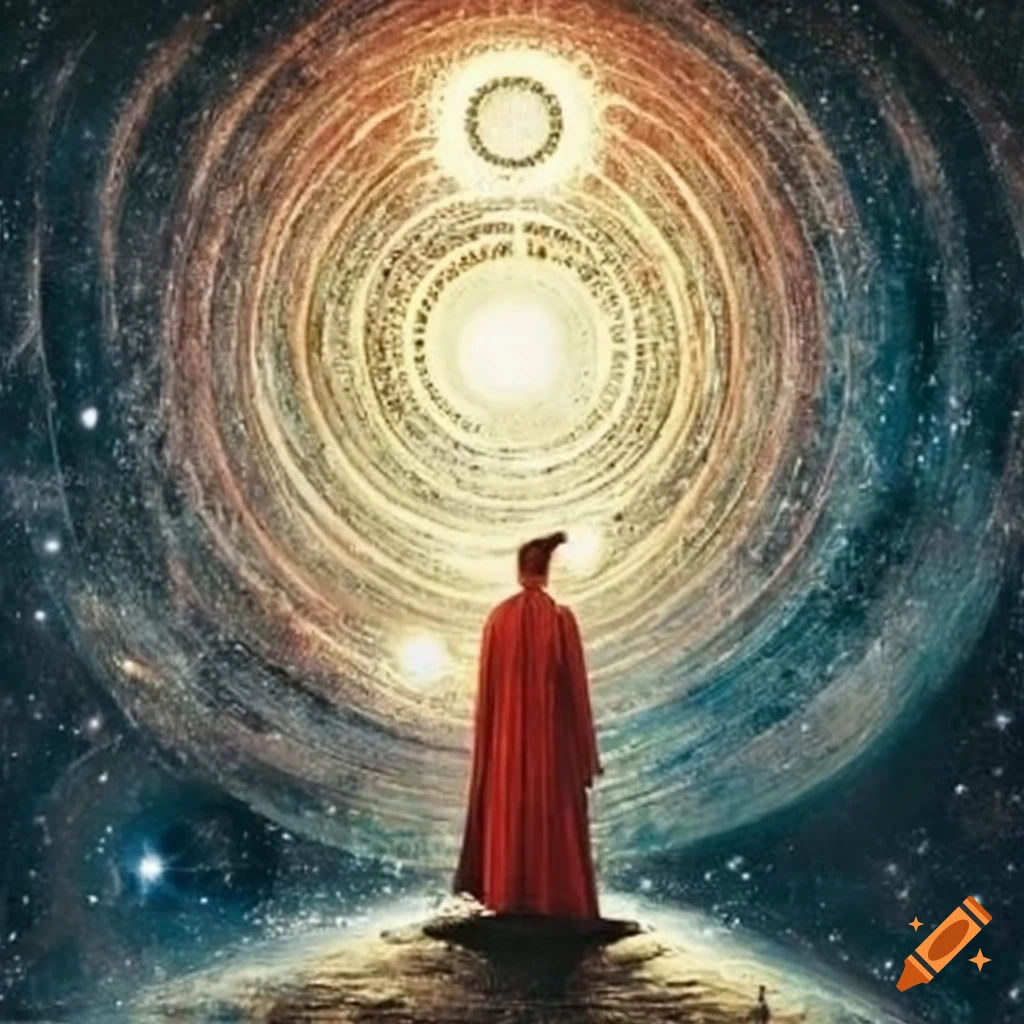 Dante alighieri in divine vision contemplating celestial bodies on Craiyon