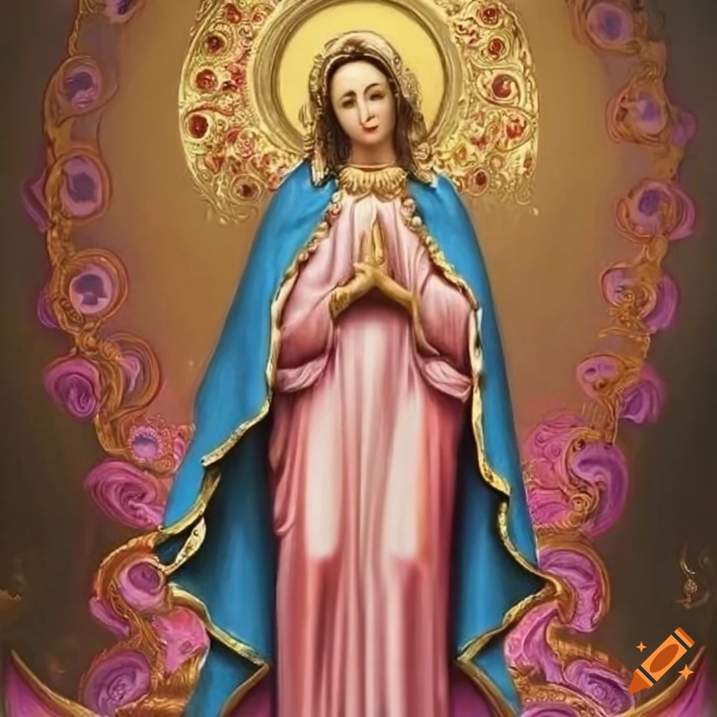 Serene painting of mary in pink and gold tones on Craiyon