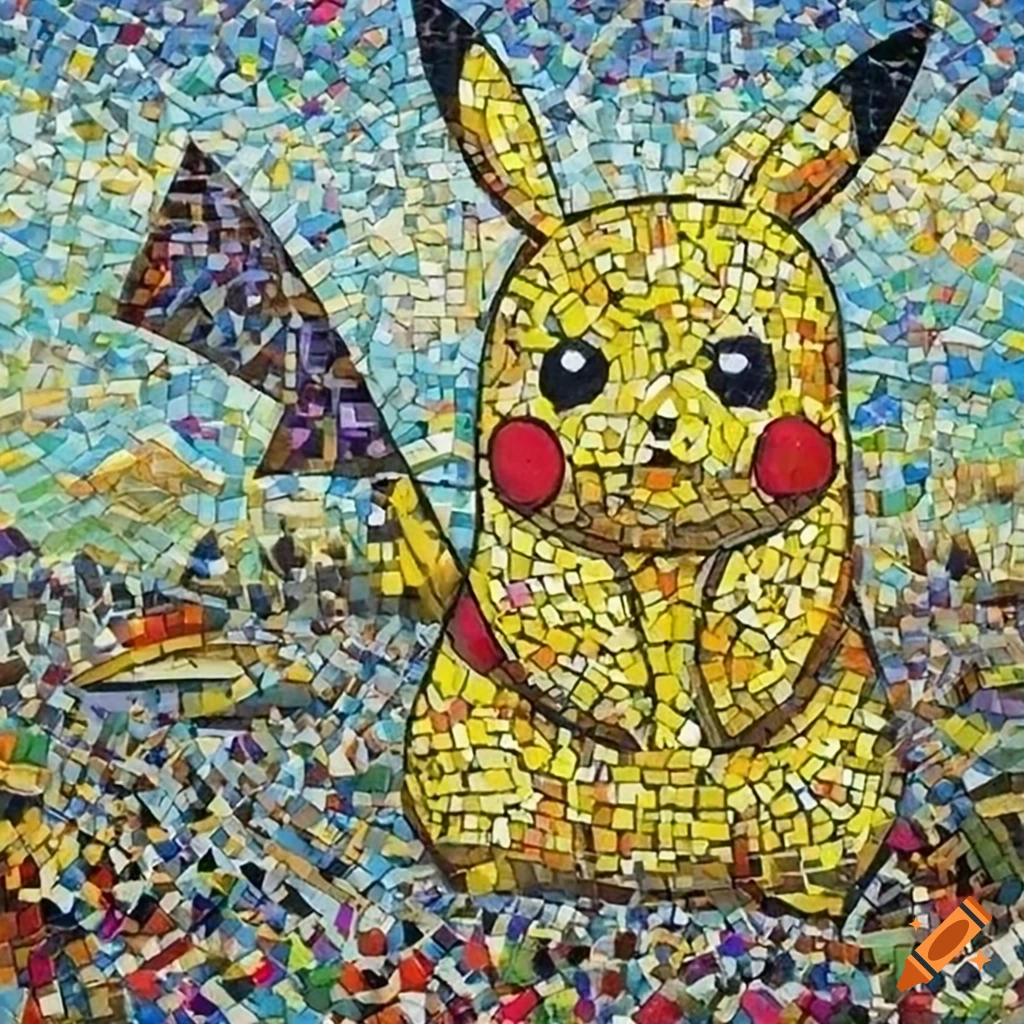 Surreal mosaic collage illustration of pikachu by greg rutkowski on Craiyon
