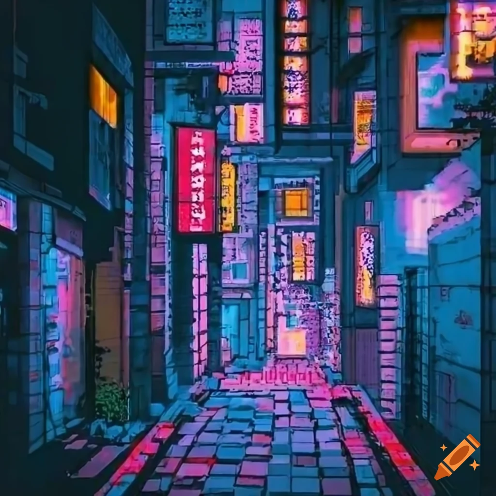 Intricately designed pixel art of a Tokyo alley brightly lit by neon ...