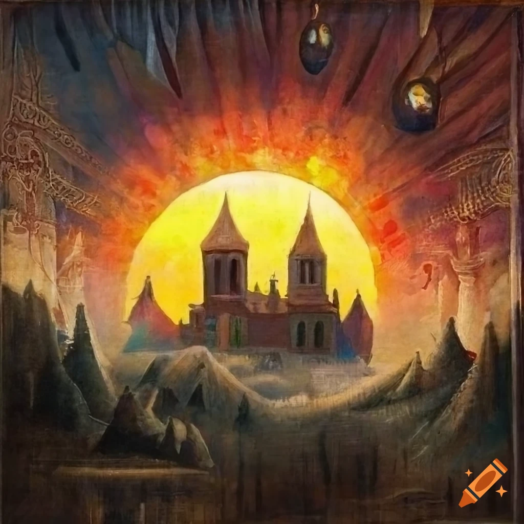 Medieval-style masterful painting of solar eclipse landscape with ...