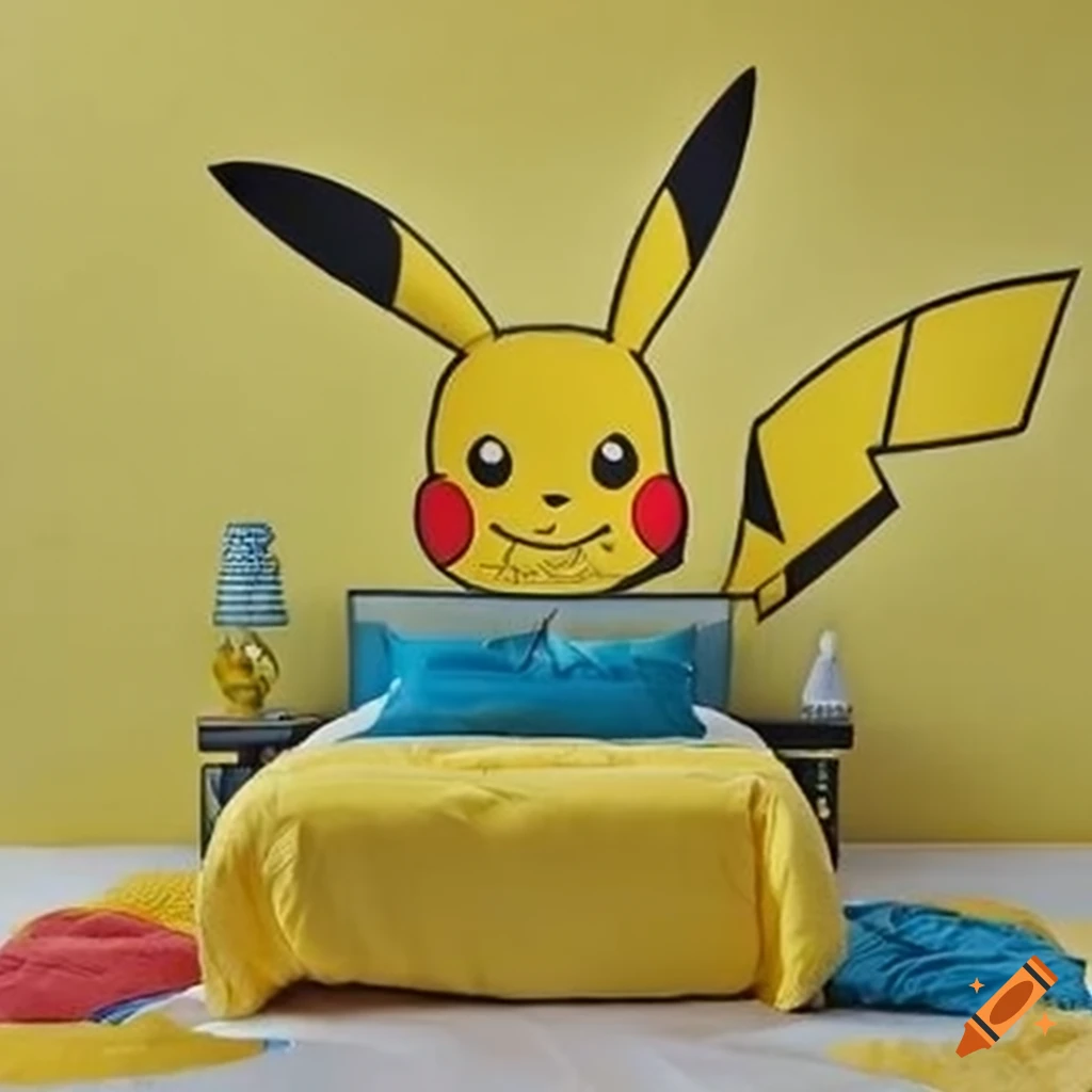 Pikachu-themed bedroom with yellow walls and bed, interior decor on Craiyon