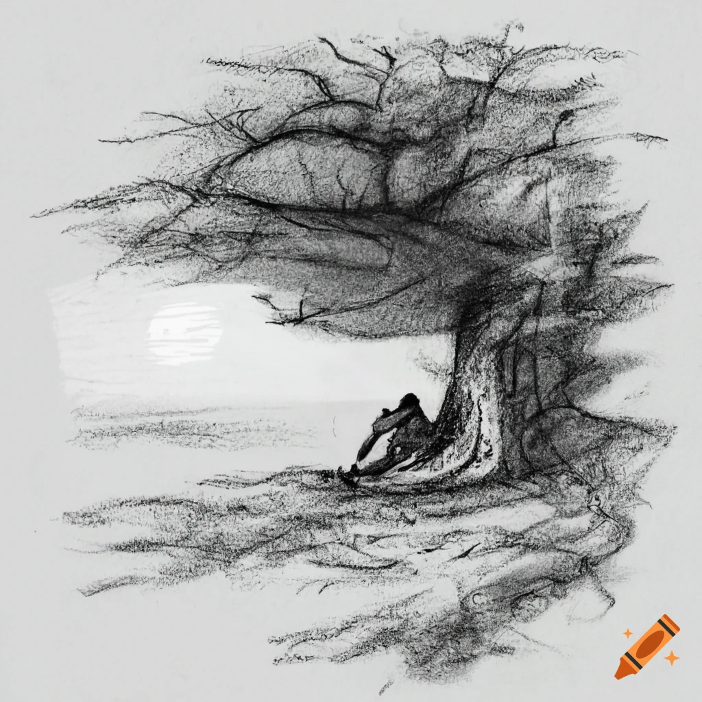 Old man sitting under a tree on a hill in a charcoal drawing on Craiyon