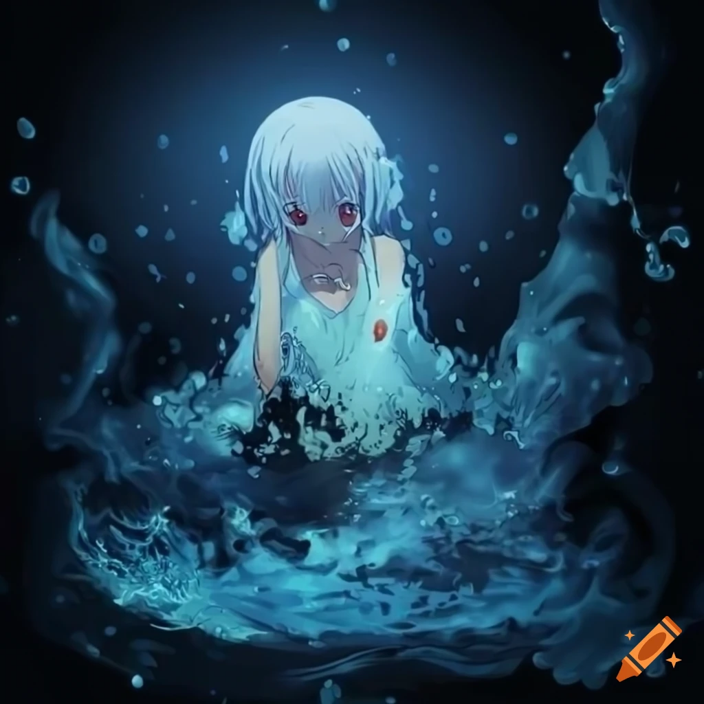 Anime character in a mysterious scene with liquid splashes in the ...