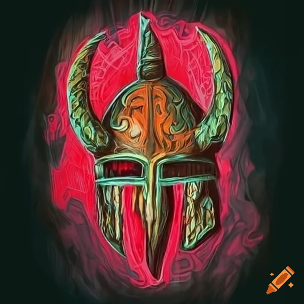 Striking viking helmet design with bold red colors on Craiyon