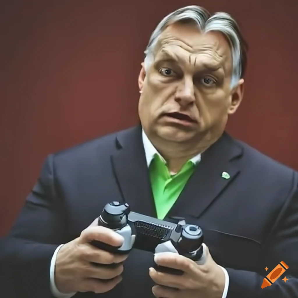 Orbán viktor playing video games with a controller on Craiyon