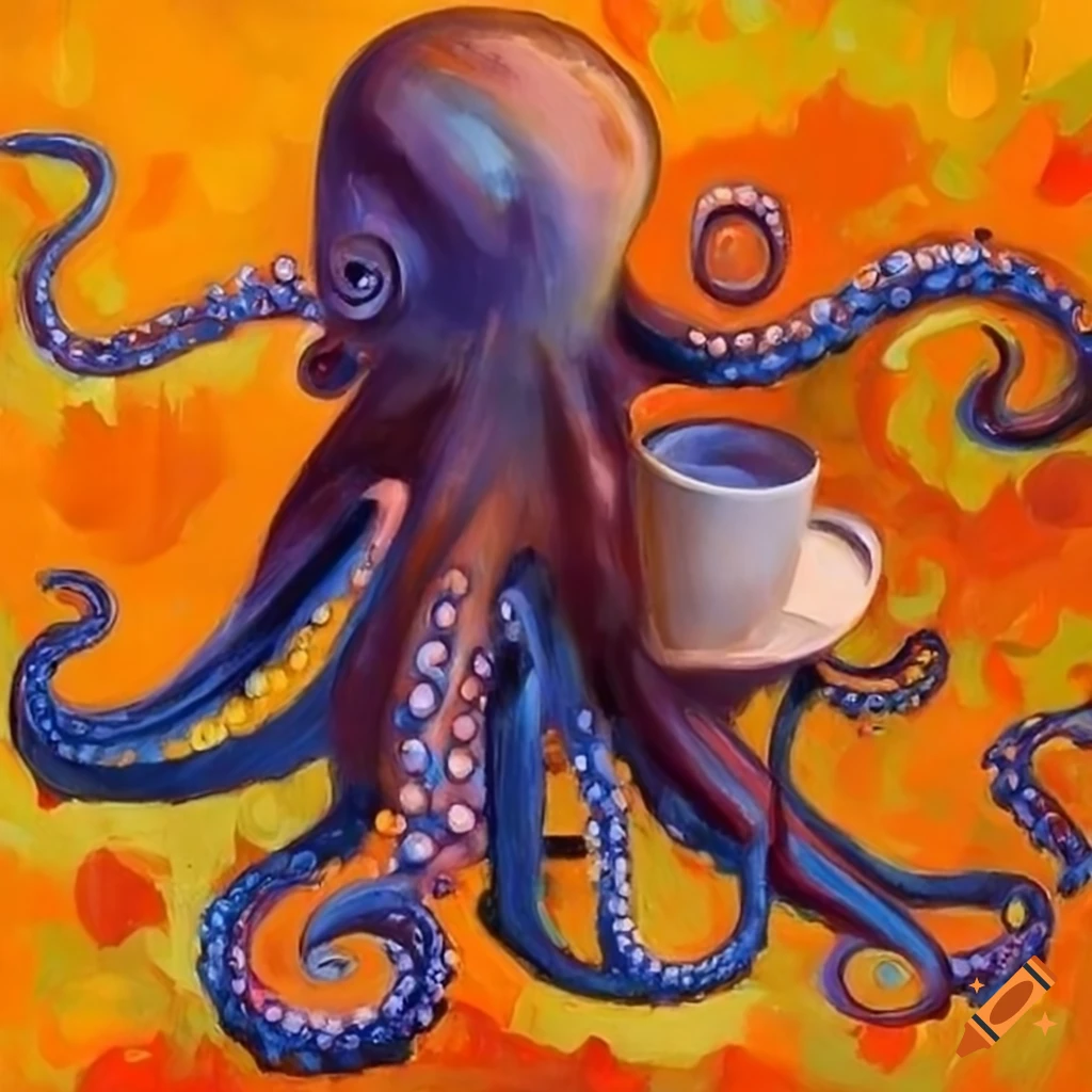 Octopus with a coffee cup and bow tie in oil painting style on Craiyon