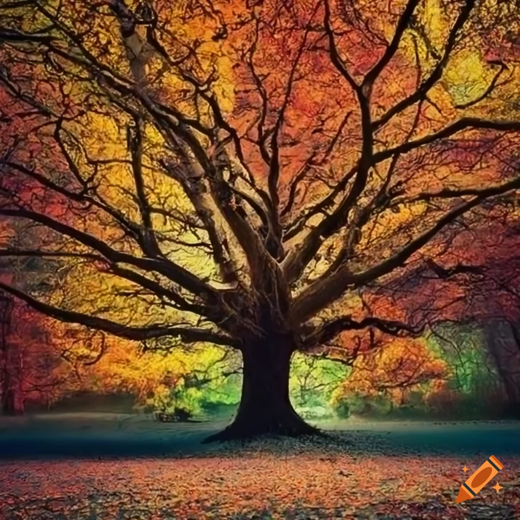 Colorful oak tree forming letters in a creative composition on Craiyon