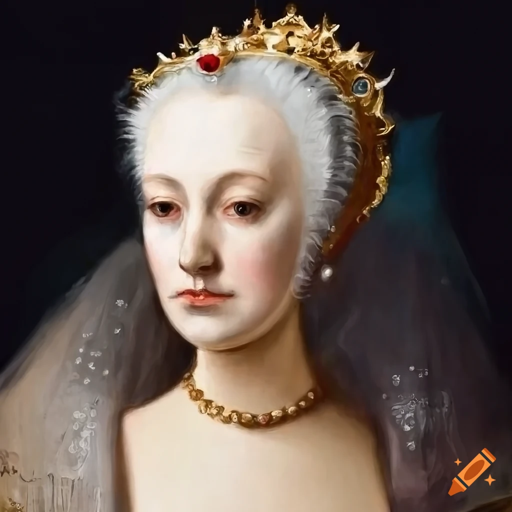 Portrait of a queen with luxurious dress and crown in 16th century ...