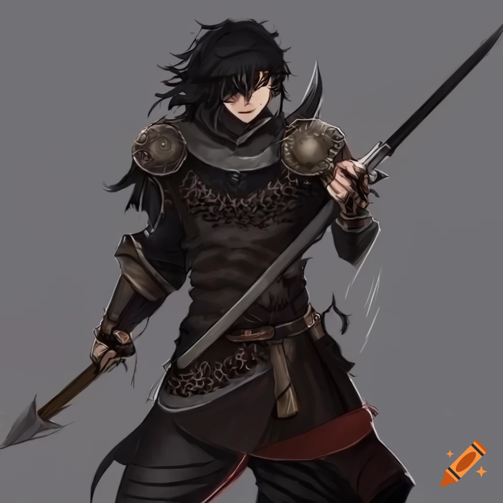 Black-haired medieval male warrior in battle in anime style on Craiyon