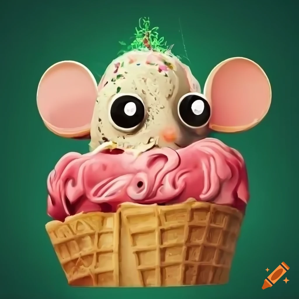 Cute scared storybook mouse made of ice cream in oil painting style on ...