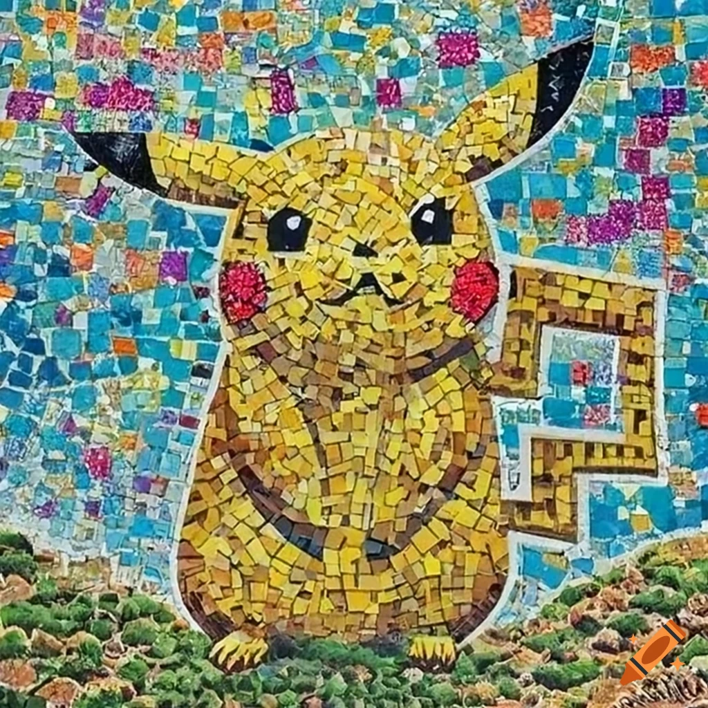 Pikachu surreal mosaic collage illustration by Greg Rutkowski on Craiyon