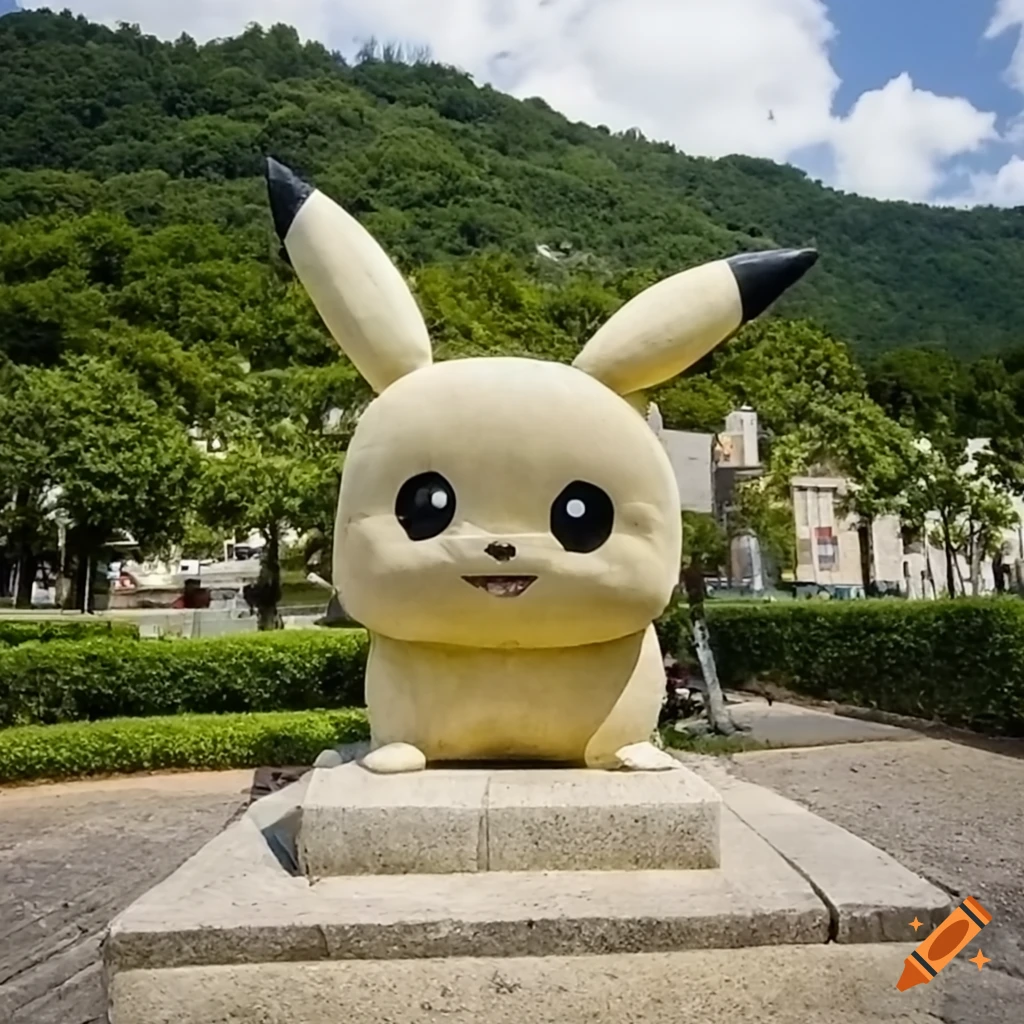 Stone statue of pikachu in the center of a street on Craiyon