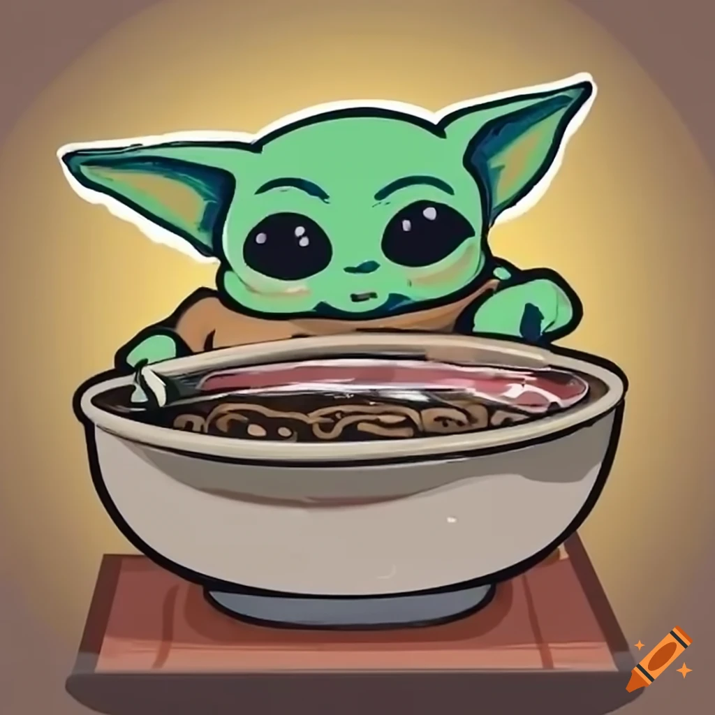 Grogu enjoying steaming hot ramen noodles on Craiyon