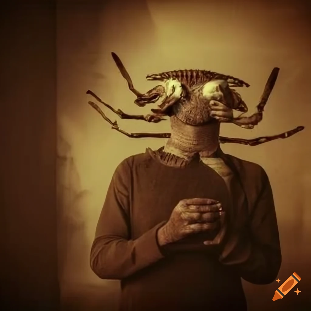 Surreal vintage image of a man with crab-like features on Craiyon