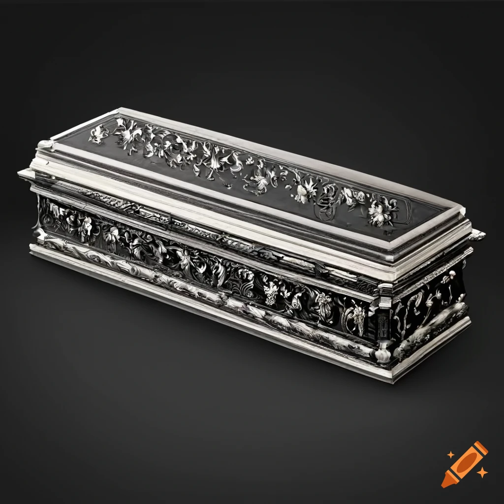 Gothic coffin with intricate details against a white backdrop on Craiyon