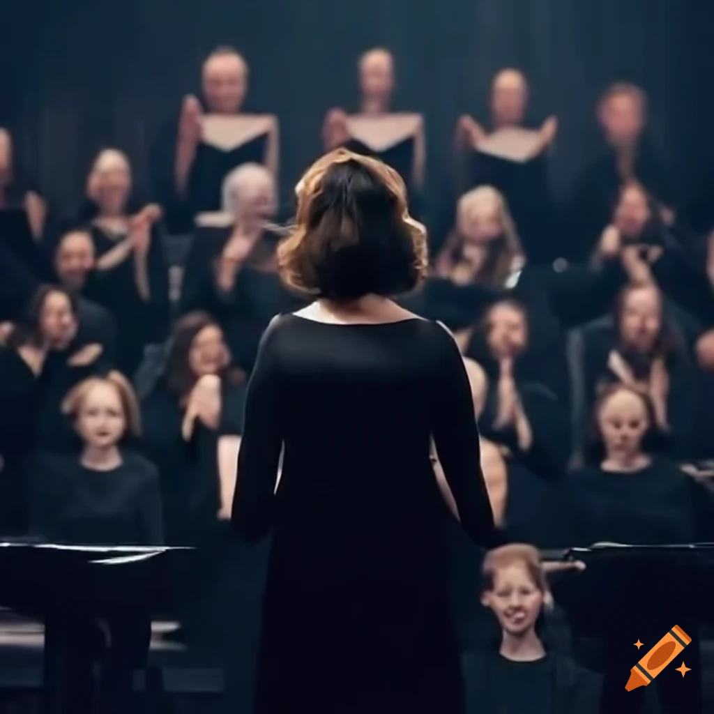 Chorale of adults singing with a conductor in a black attire on Craiyon