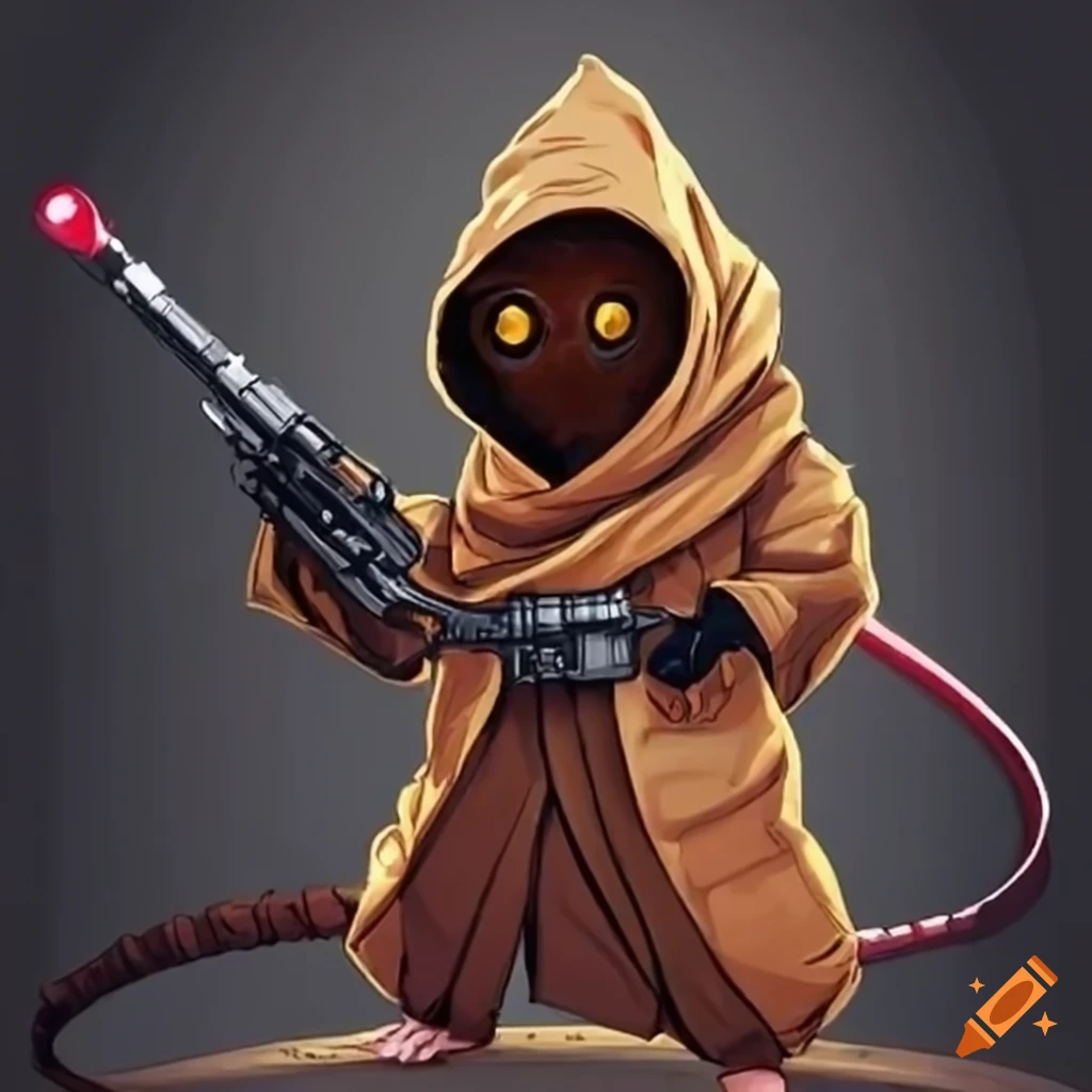 Comical rat dressed as star wars jawa with toy blaster on Craiyon