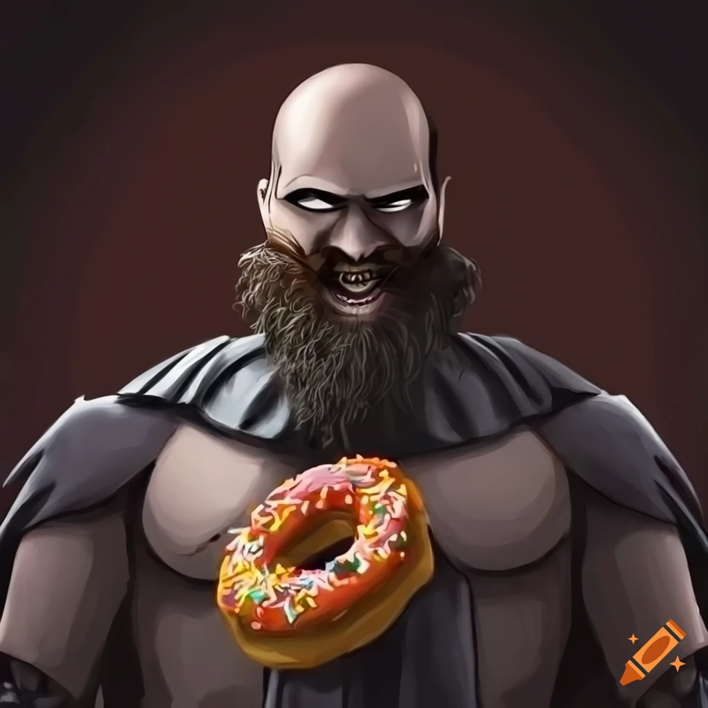 Dark knight enjoying a donut with a long beard on Craiyon