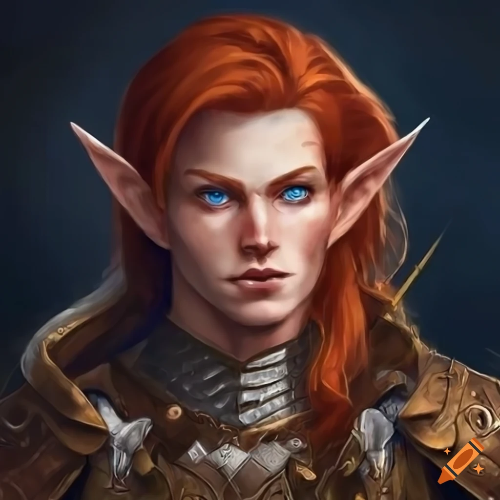 Tall male elf with red hair and blue eyes in autumn-themed fey armor on ...