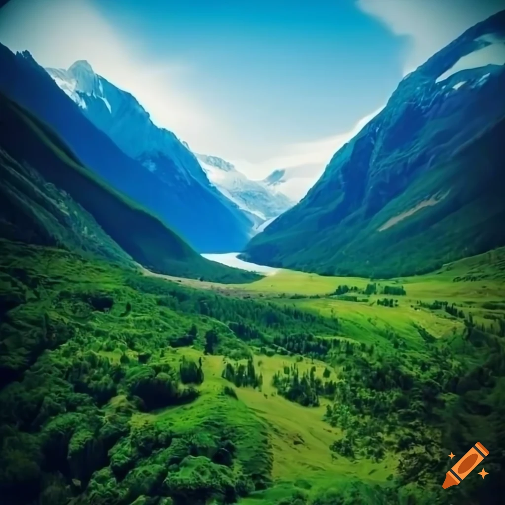 Wide plain of greenery with mountains, glacier, and river on Craiyon