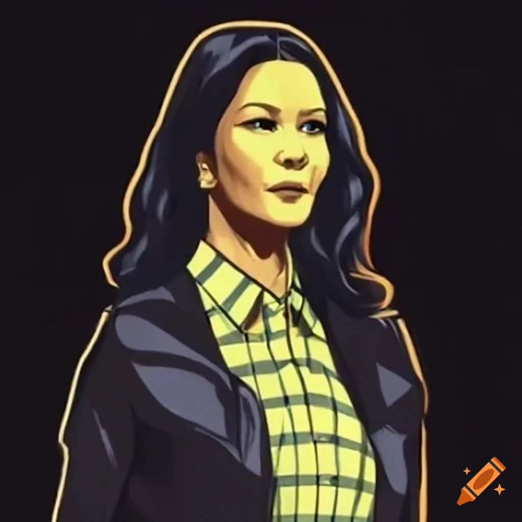 Young woman in yellow plaid shirt and black leather jacket resembling ...