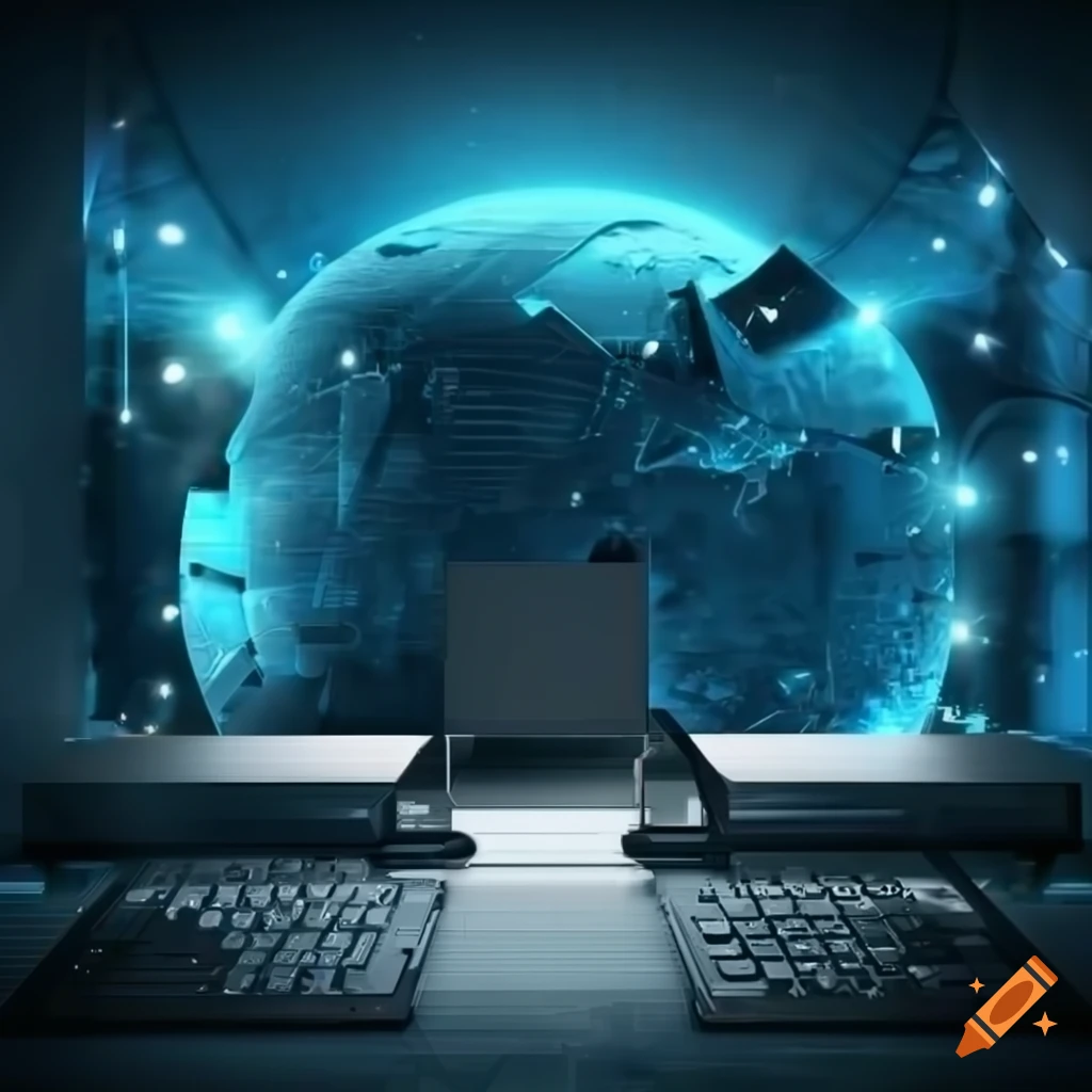 Sleek and modern 3d render of a computer in space with ai symbols on ...