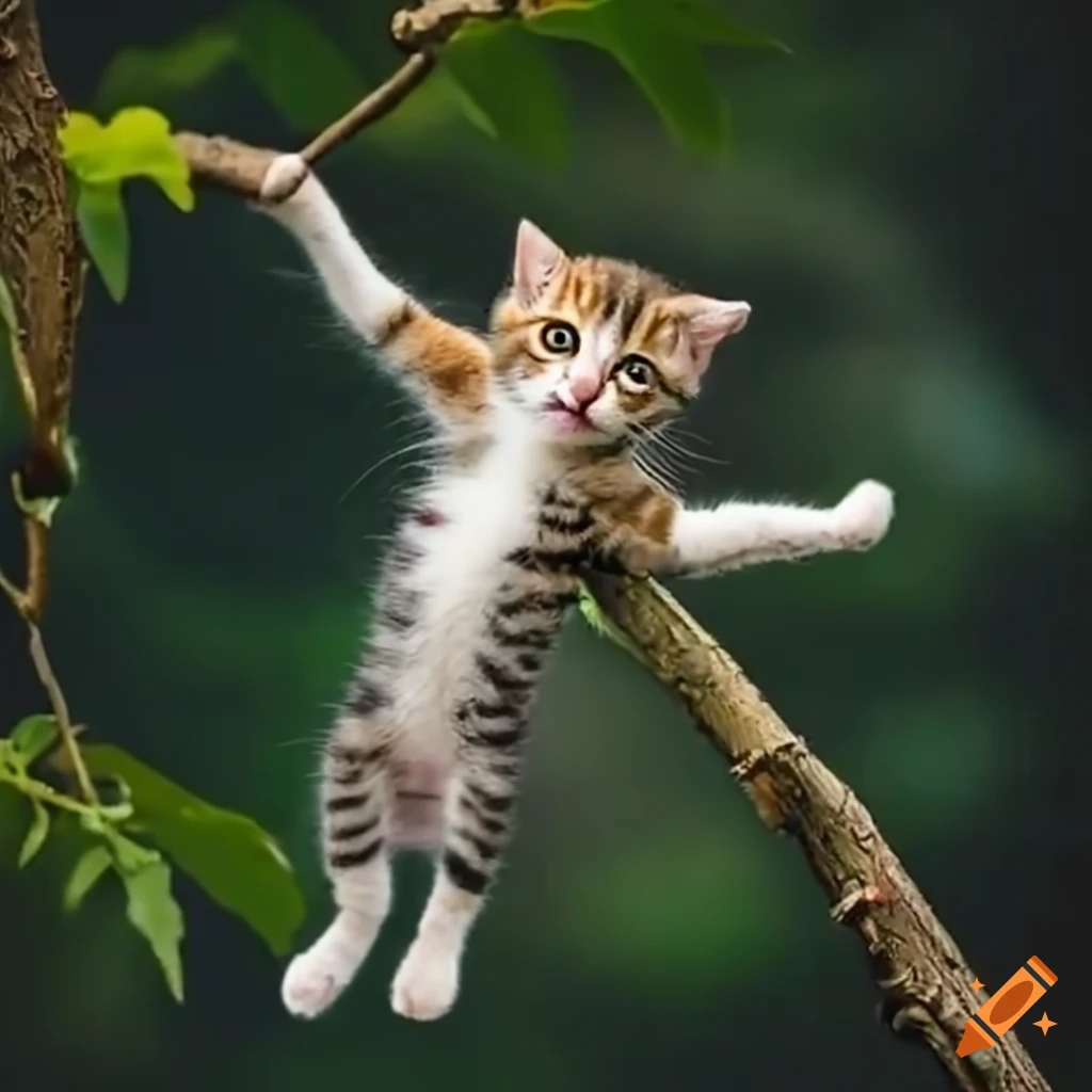 Adorable kitten hanging from a tree branch on Craiyon