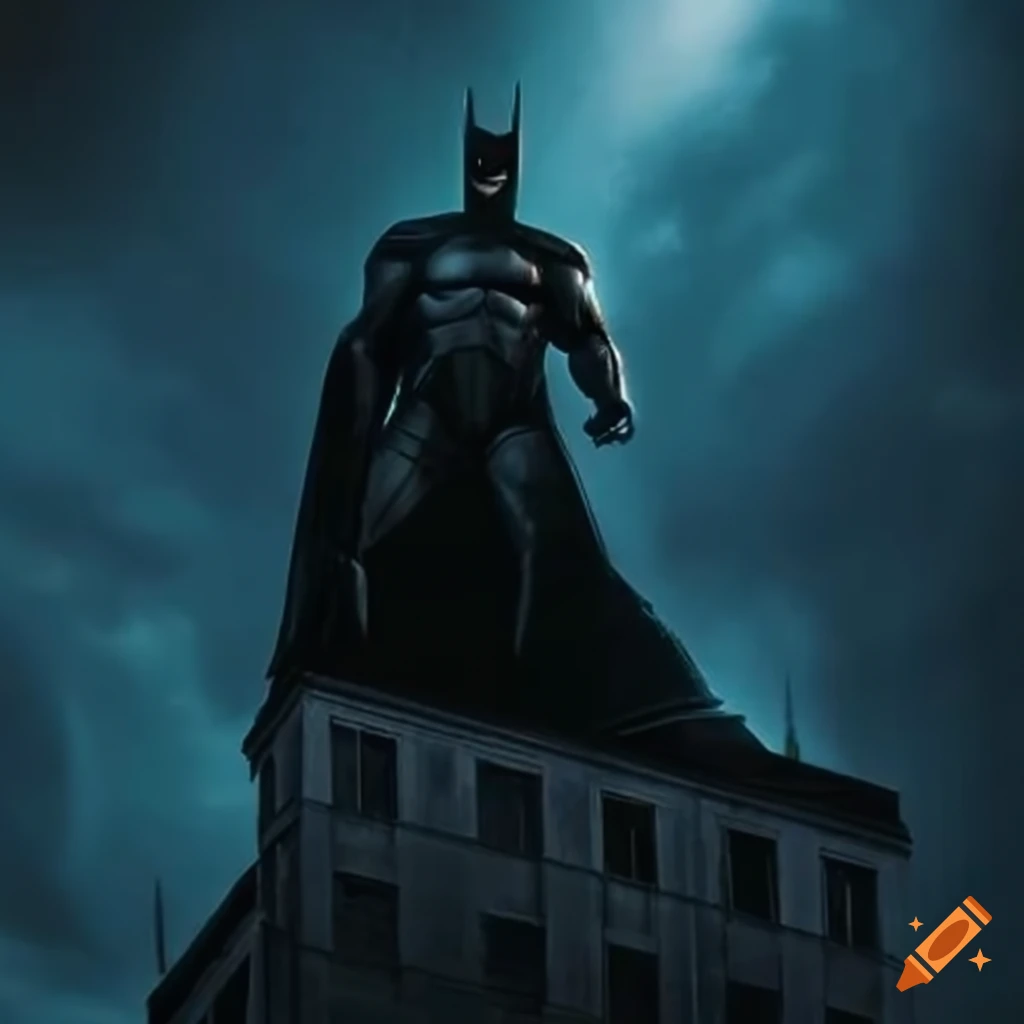 Batman on top of a building on a dark stormy night on Craiyon