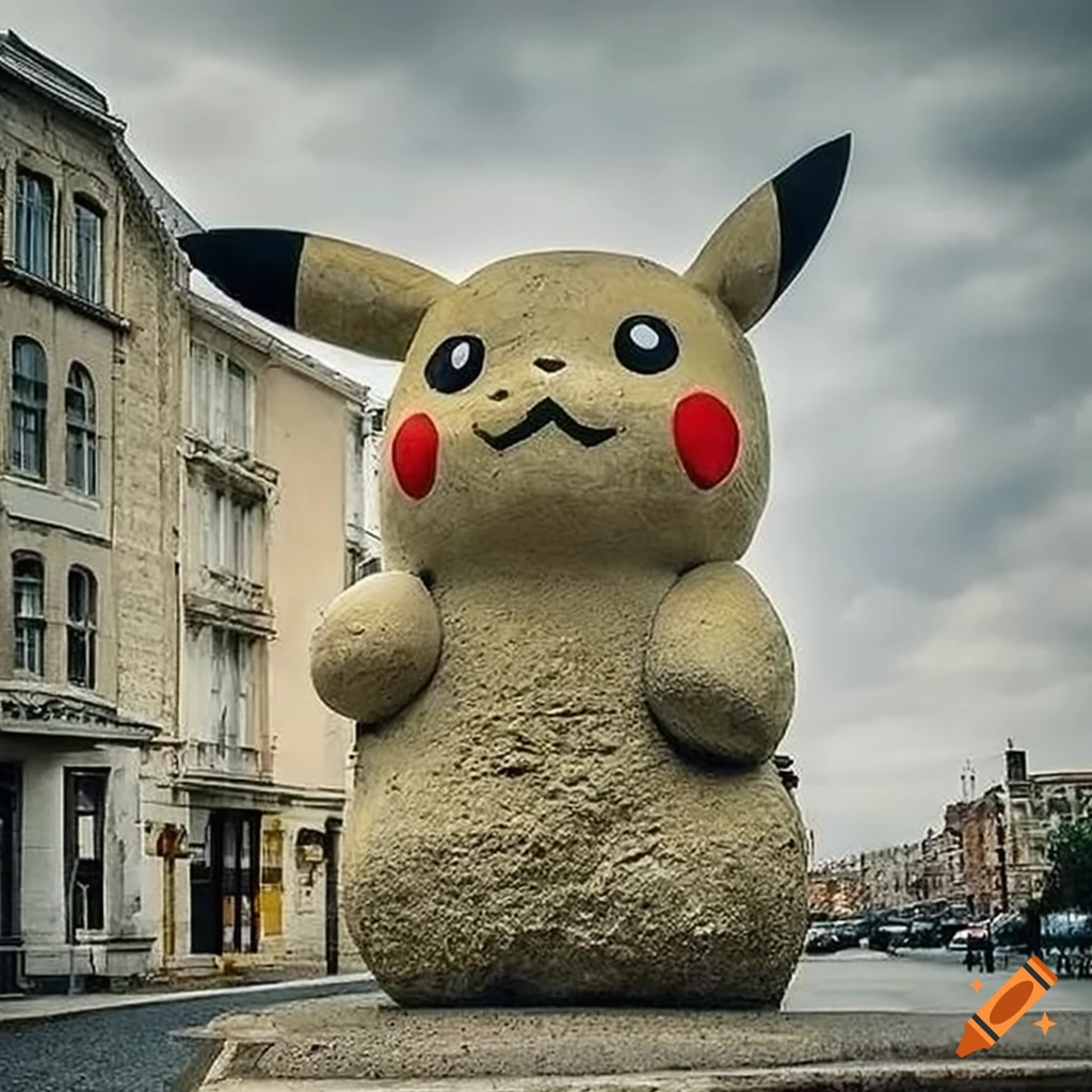 Stone statue of pikachu in the center of a street on Craiyon