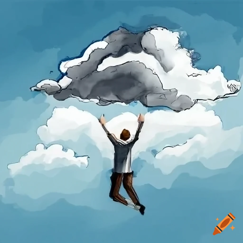 Person reaching great heights above the clouds on Craiyon