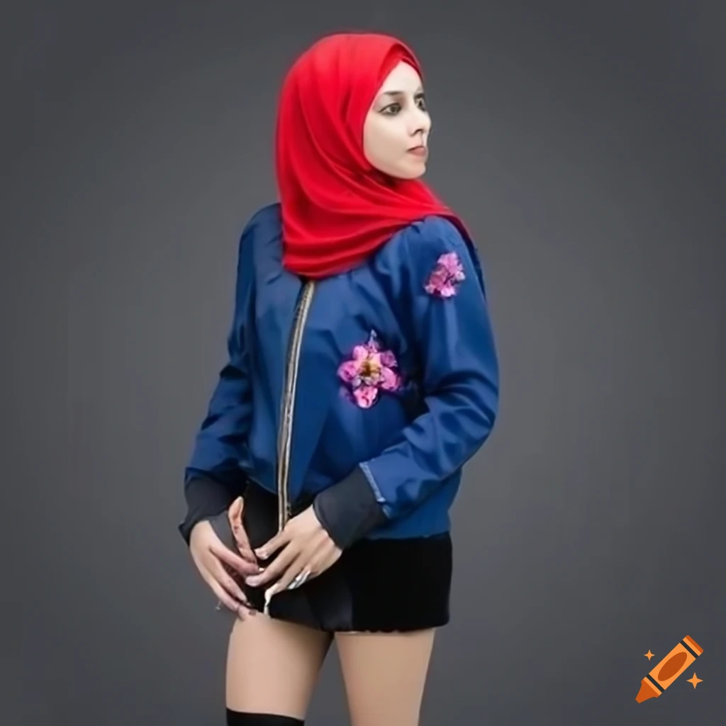 Muslim woman in red hijab and floral blue bomber jacket on Craiyon
