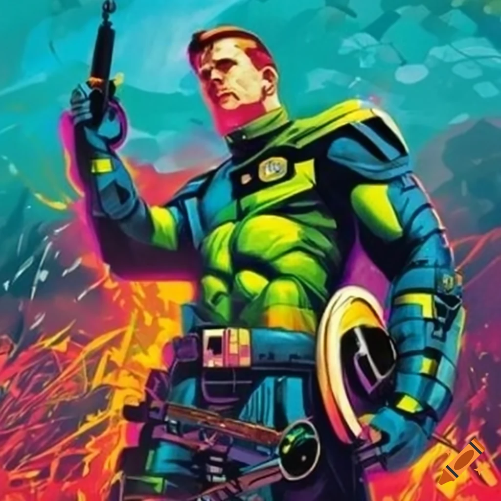 Colorful graphic novel with powerful heroes in dynamic battle scene on ...